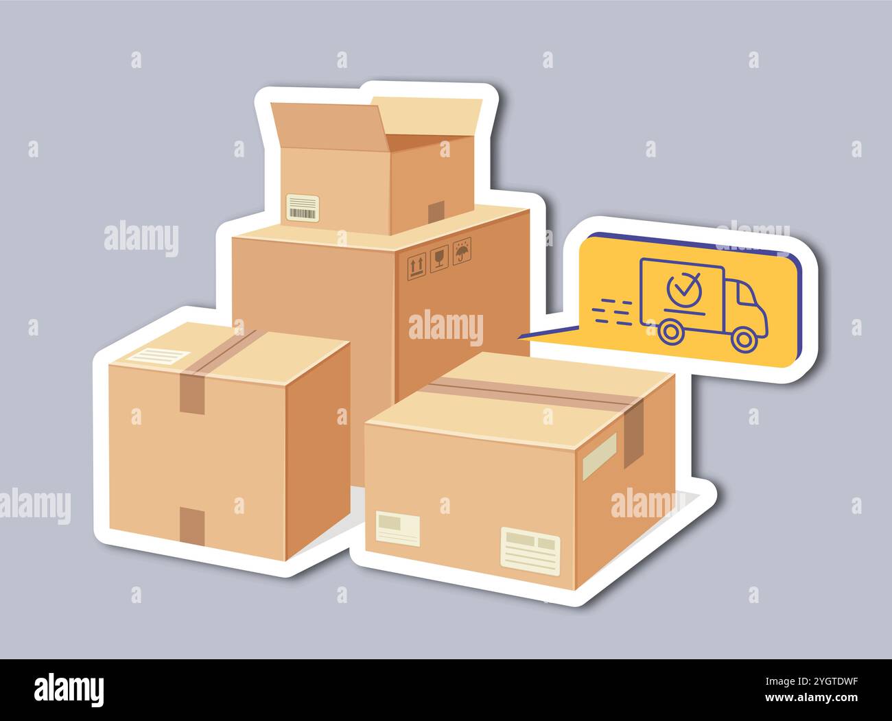 Delivery label. Stack of volumetric cardboard box. Logistics ...