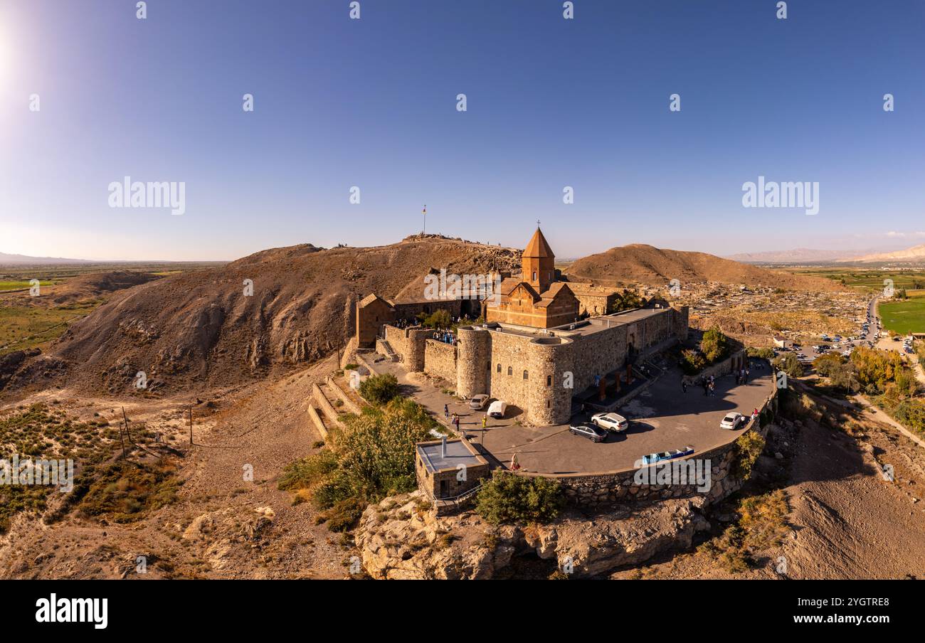 Aerial view of Armenian Khor Virap Monastery against Ararat Mount on ...
