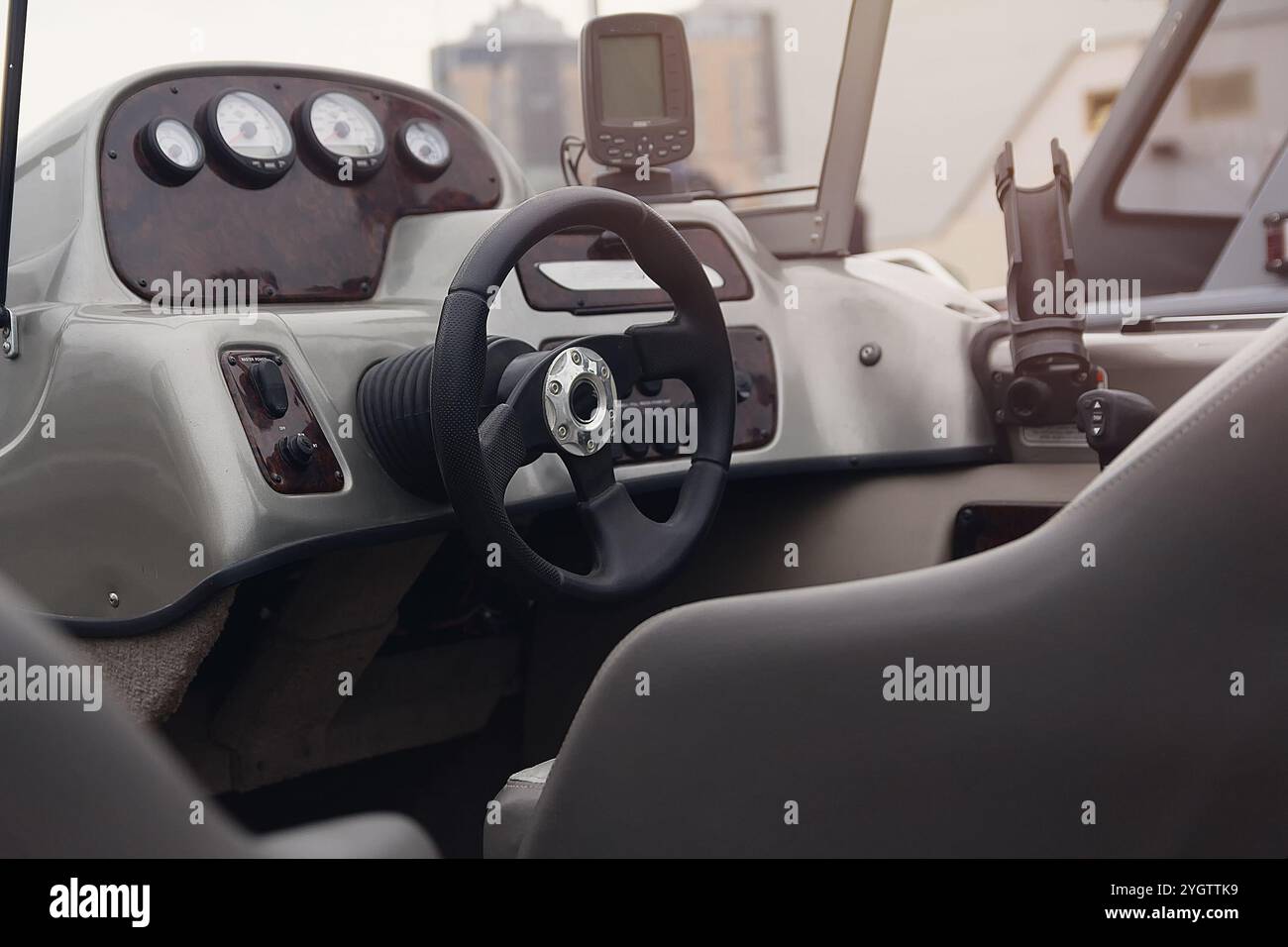 Instrument panel and steering wheel of a motor boat. Transport Stock ...