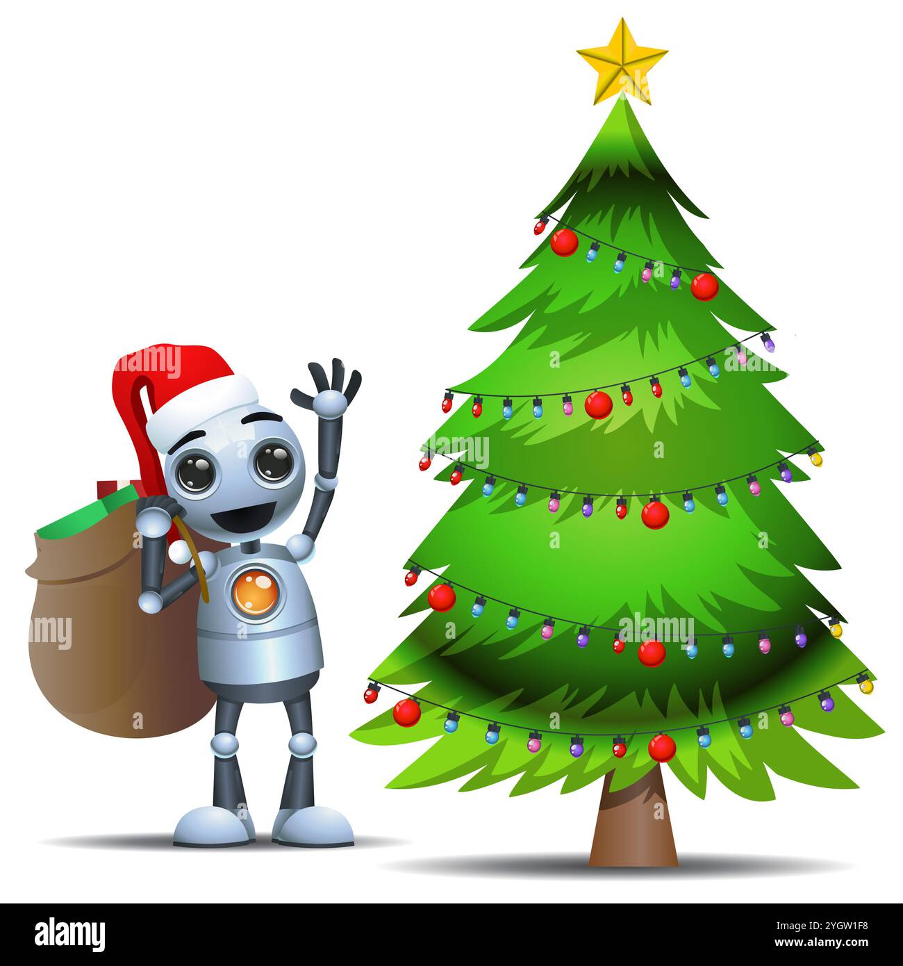 3D illustration of a little robot worker stand behind of christmas tree ...