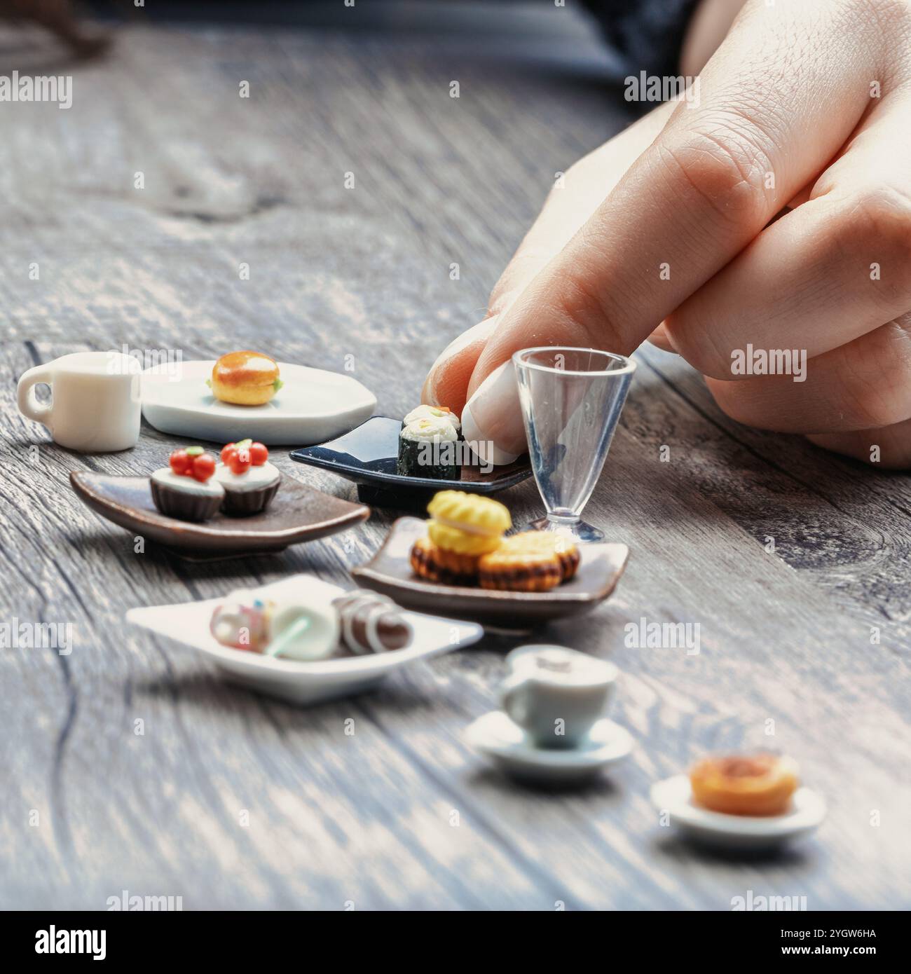 Small servings of sushi, pastries, and coffee emphasize how correct ...