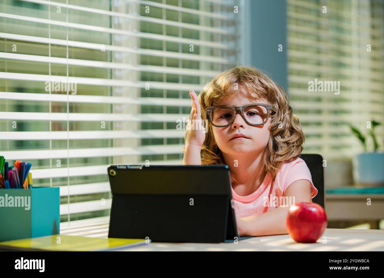 Child at online school, home schooling. Online lessons for children ...