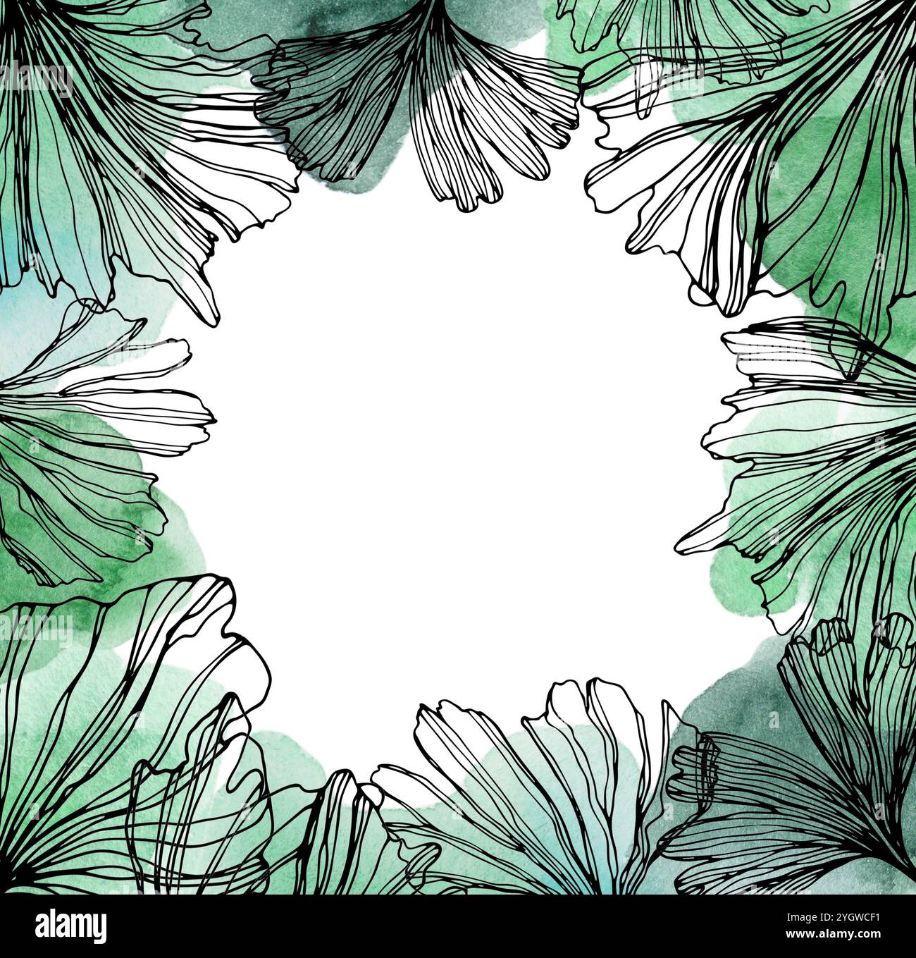 Square frame with watercolor sketches of ginkgo biloba green leaves ...