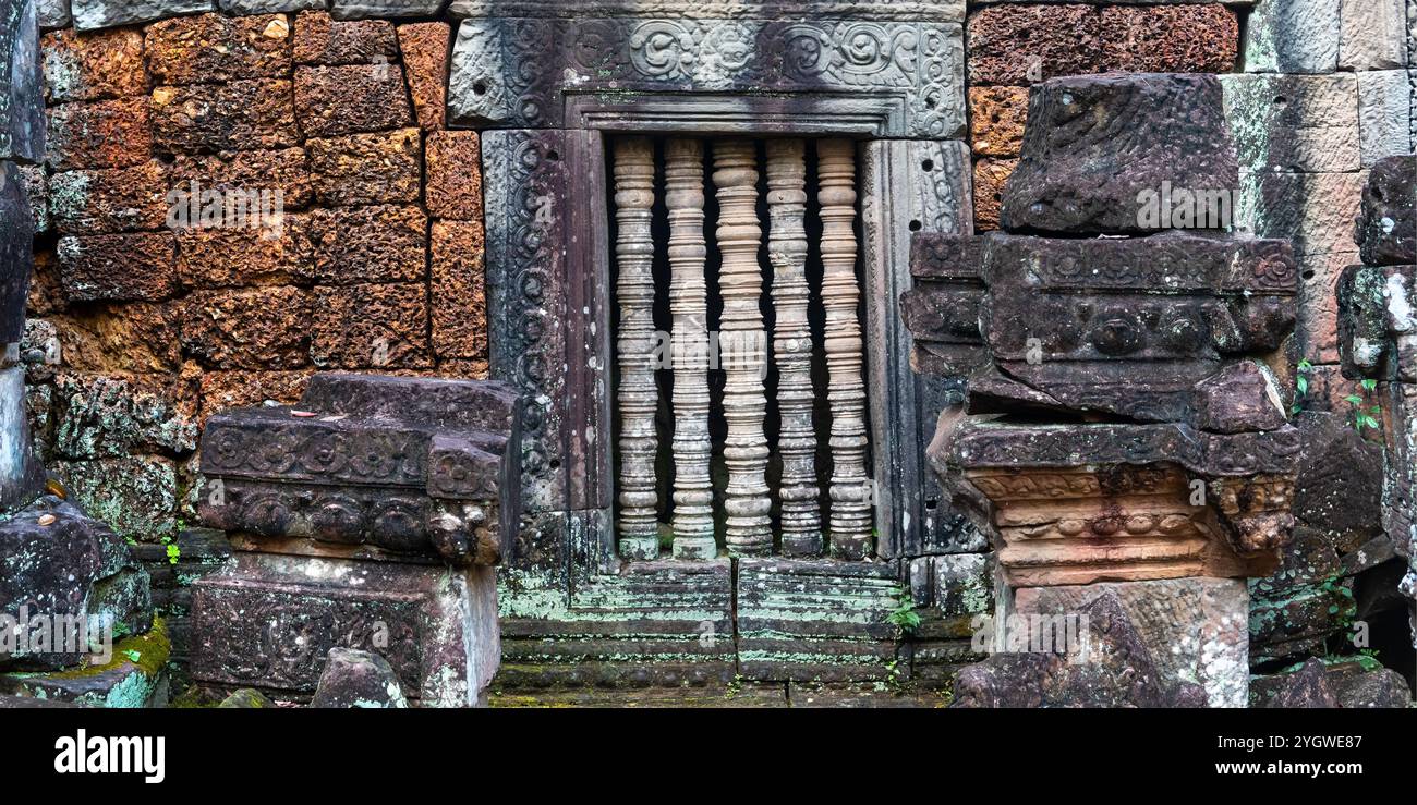 Close up view of historic rock carved spindles at Angkor wat temple ...