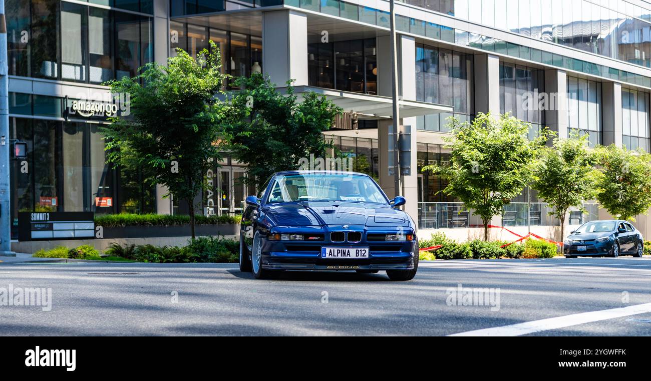 Seattle, WA, USA -July 29, 2024: BMW 850i Alpina blue with a V12 and 6 ...