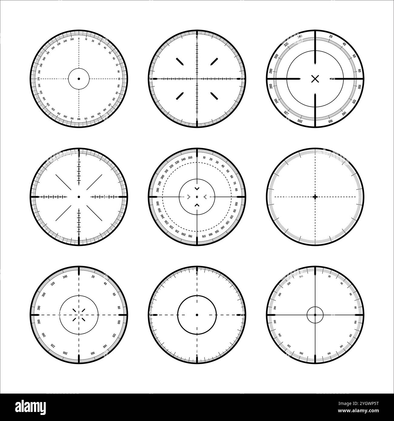 Various sniper rifle sights with degree scale, weapon optical scope crosshair. Hunting gun ...