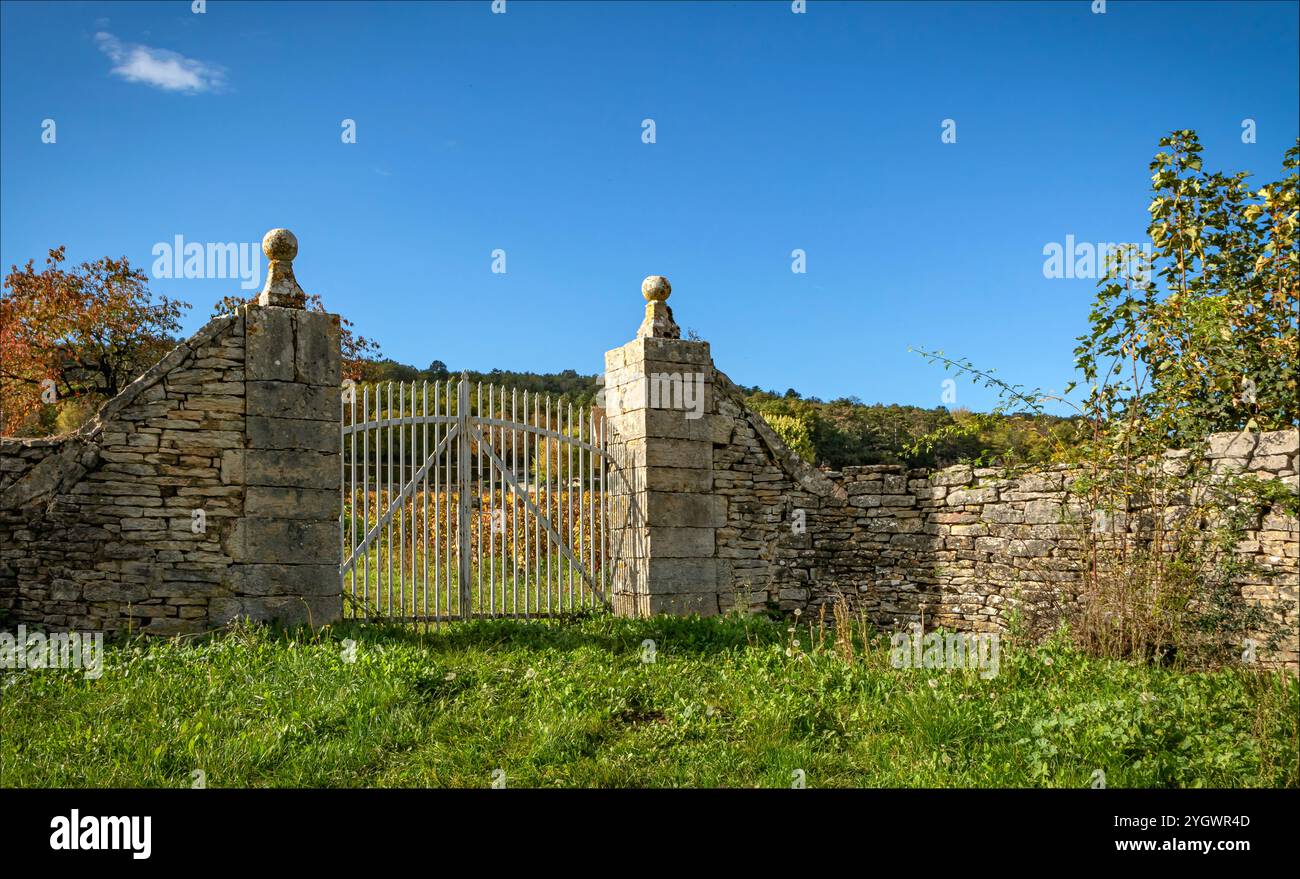 Cote d'Or, Burgundy, France - October 27th 2024 - Stone gateway with ...
