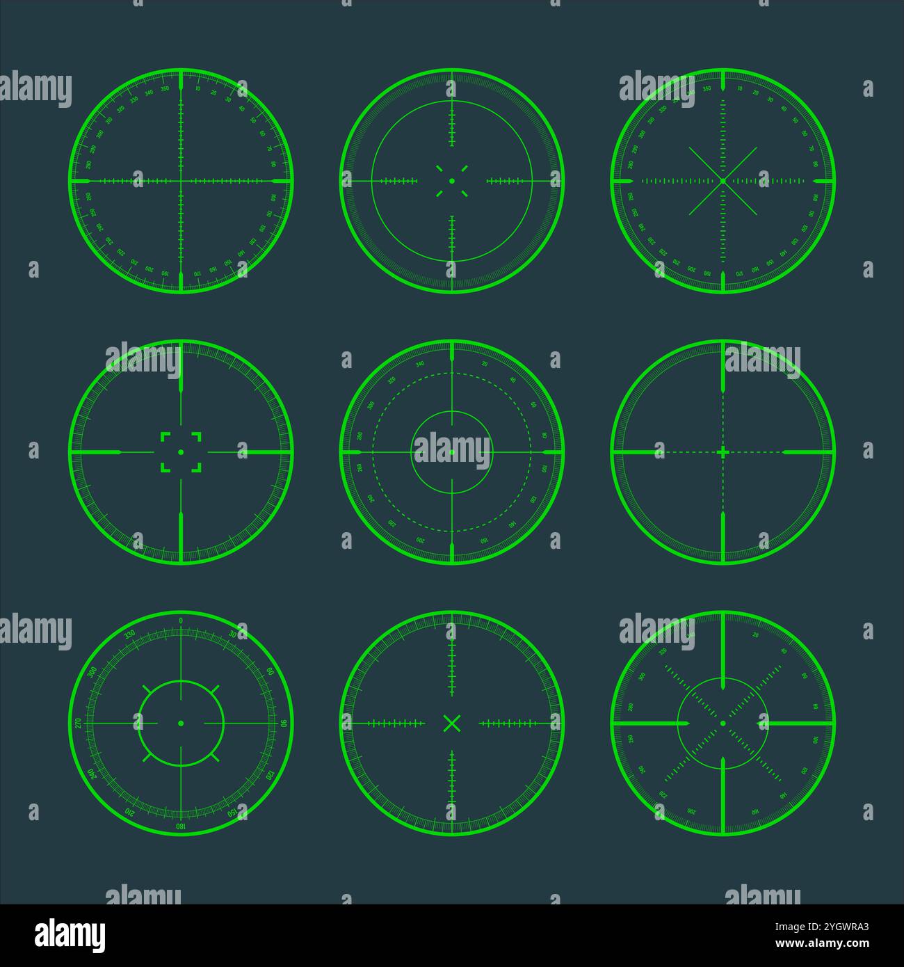 Various sniper rifle sights with degree scale, weapon optical scope ...