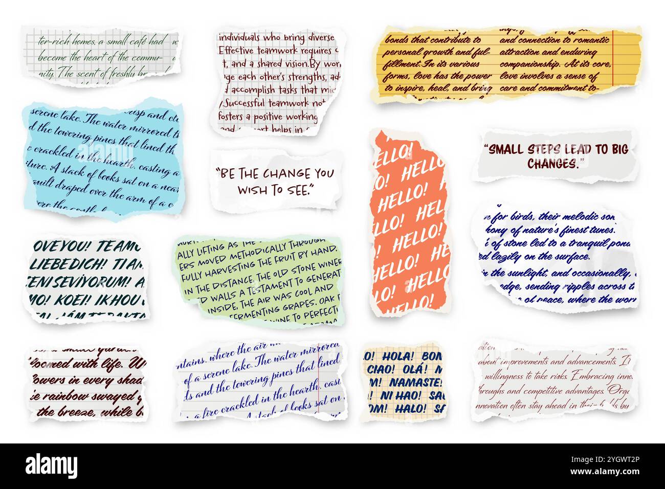 Ripped paper strips with handwritten text. Realistic crumpled paper ...