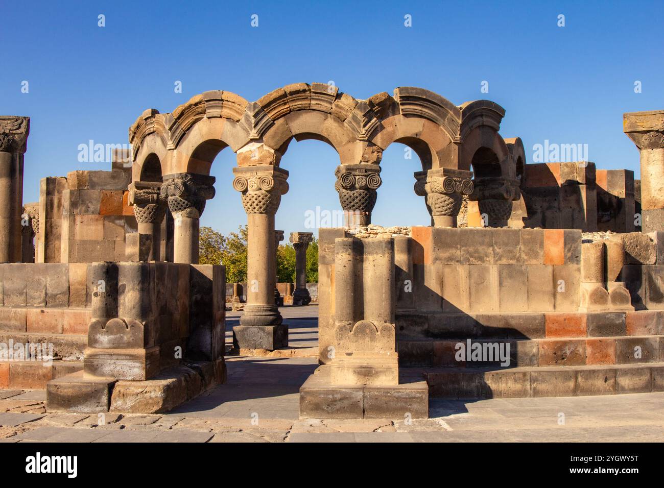 Columns and unique stone ruins of the ancient medieval Zvartnots temple ...