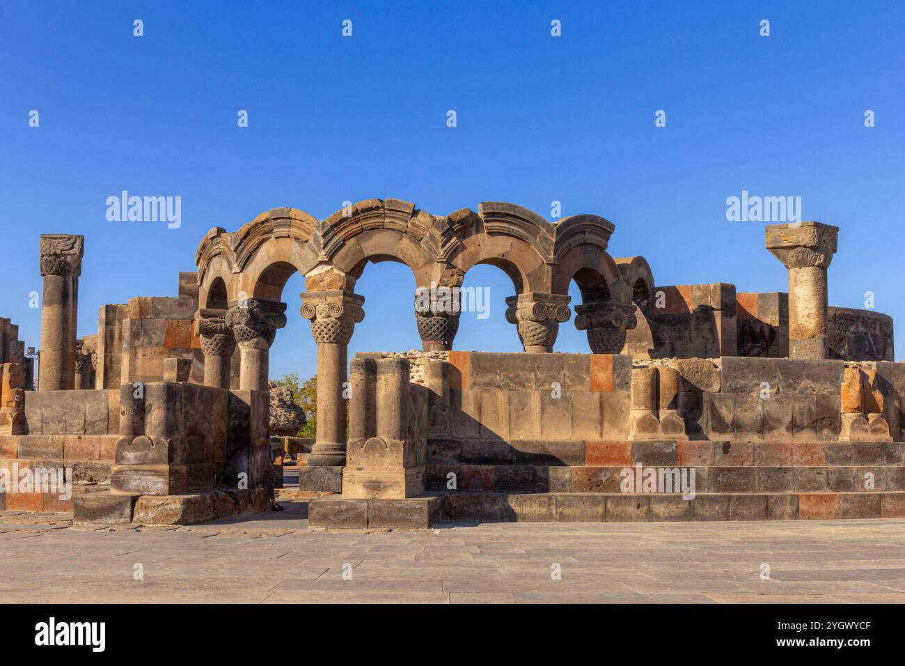 Columns and unique stone ruins of the ancient medieval Zvartnots temple ...