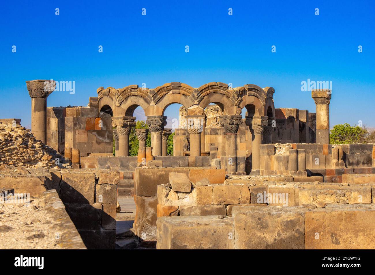 Columns and unique stone ruins of the ancient medieval Zvartnots temple ...