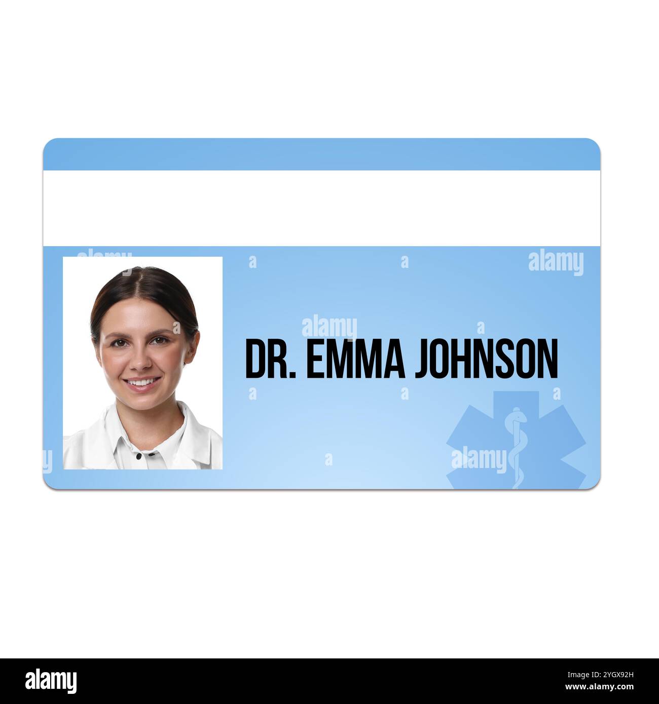 Doctor's badge with photo of woman on white background Stock Photo - Alamy