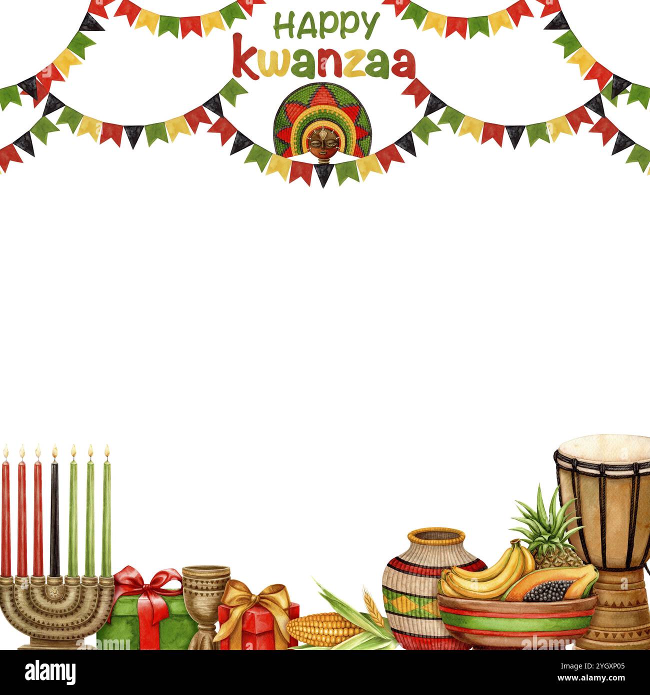 Happy Kwanzaa square frame with garland, Kinara, drum, fruit plate and ...