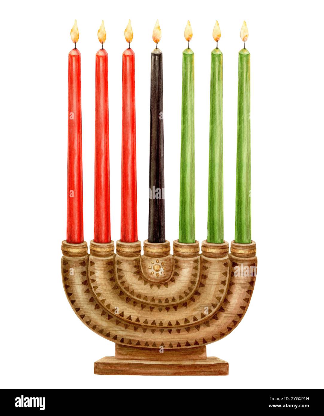 Kinara wooden candleholder with seven candles green and red. Hand drawn ...