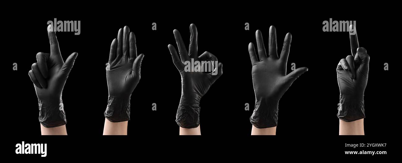 Hands in black gloves showing different gestures on black background ...