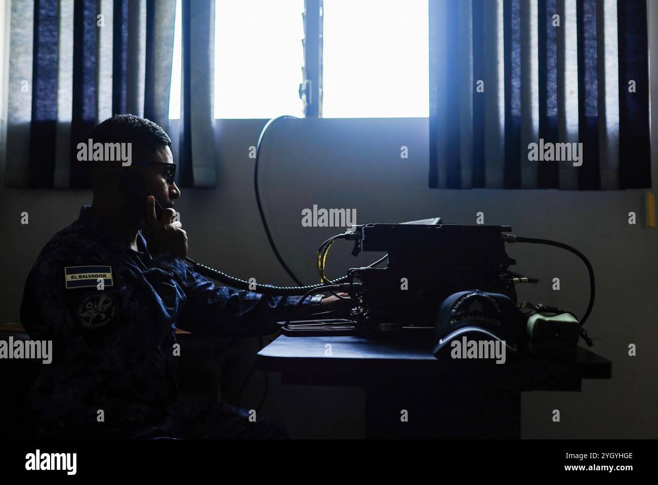 Ilopango, El Salvador. 08th Nov, 2024. A soldier radios a control tower ...