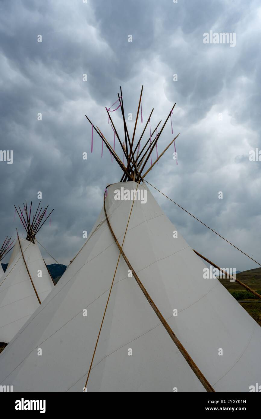 Flap Pole Curves Up The Side Of Teepee Under Cloudy Sky outside of ...