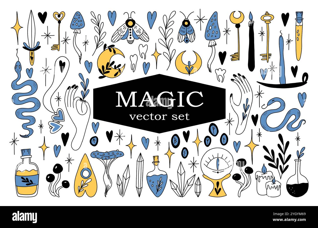 Vector witch mystical magic design elements set. Witchcraft hand drawn doodle boho collection ...