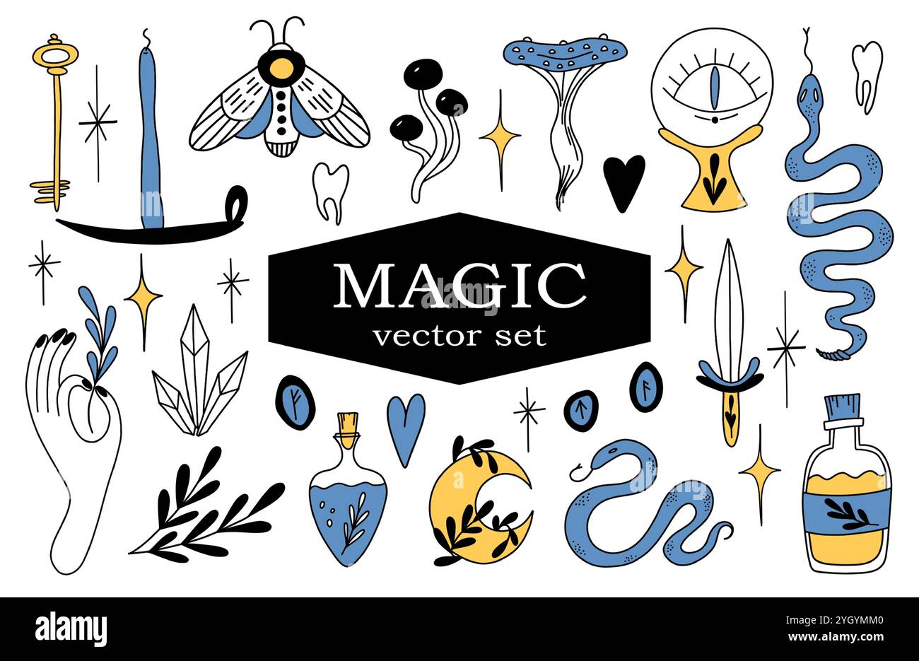 Vector witch mystical magic design elements set. Witchcraft hand drawn doodle boho collection ...