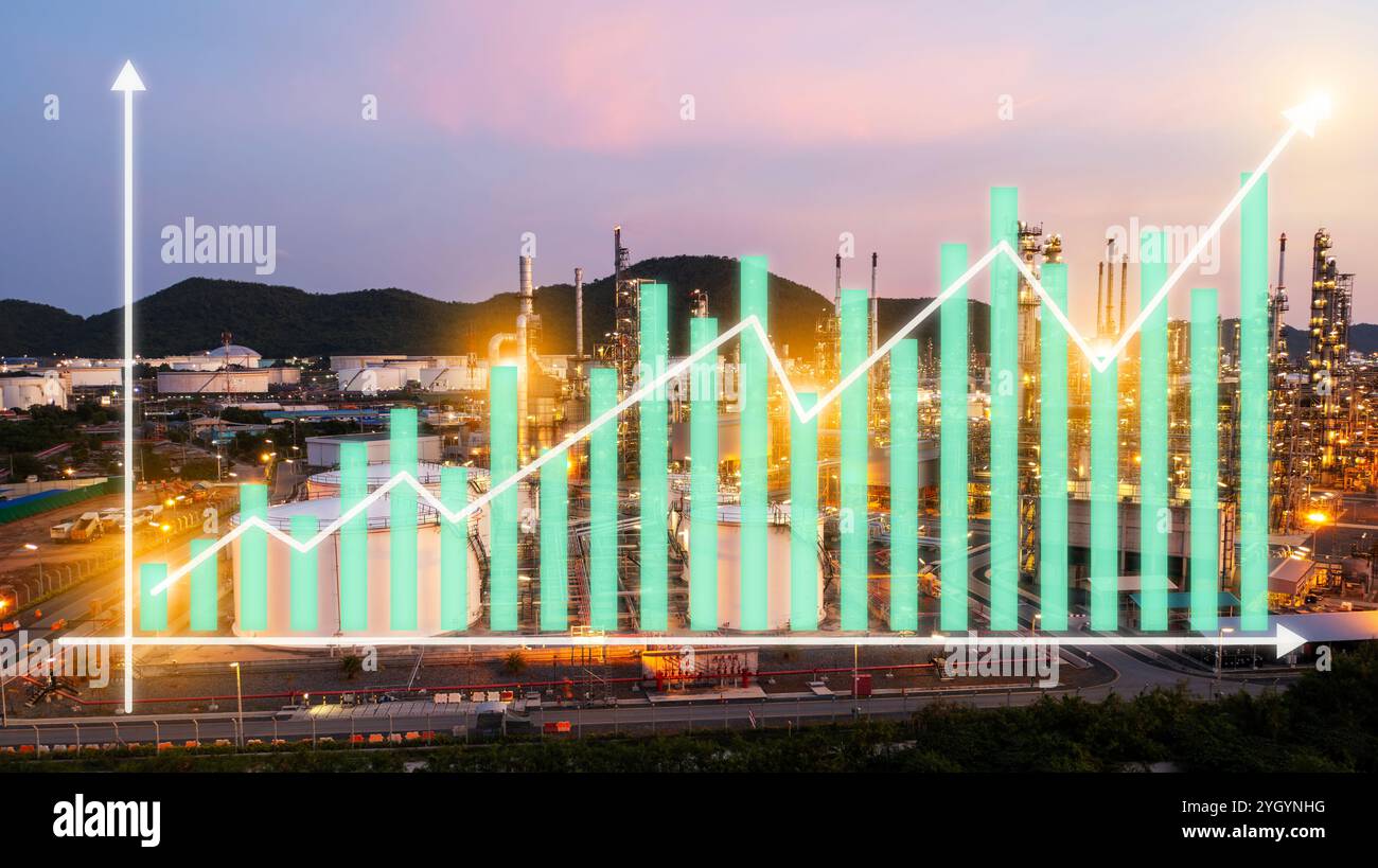 Oil-gas refinery or petrochemical plant. Include an arrow, graph, or ...