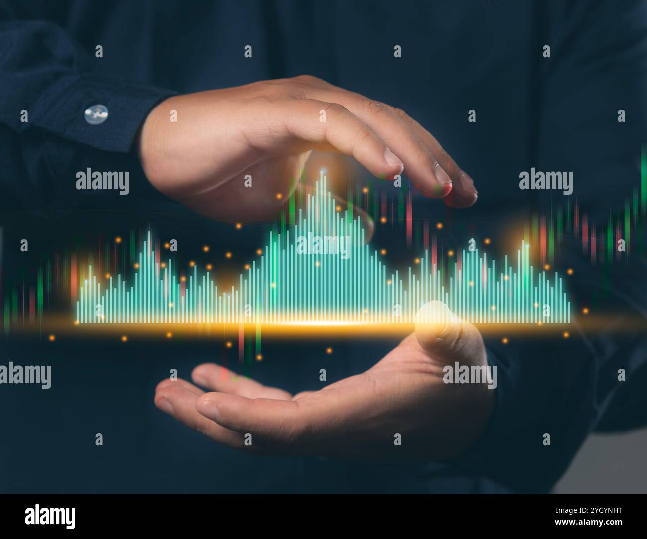 Hands protecting technical graph charts for analysis of stock market ...
