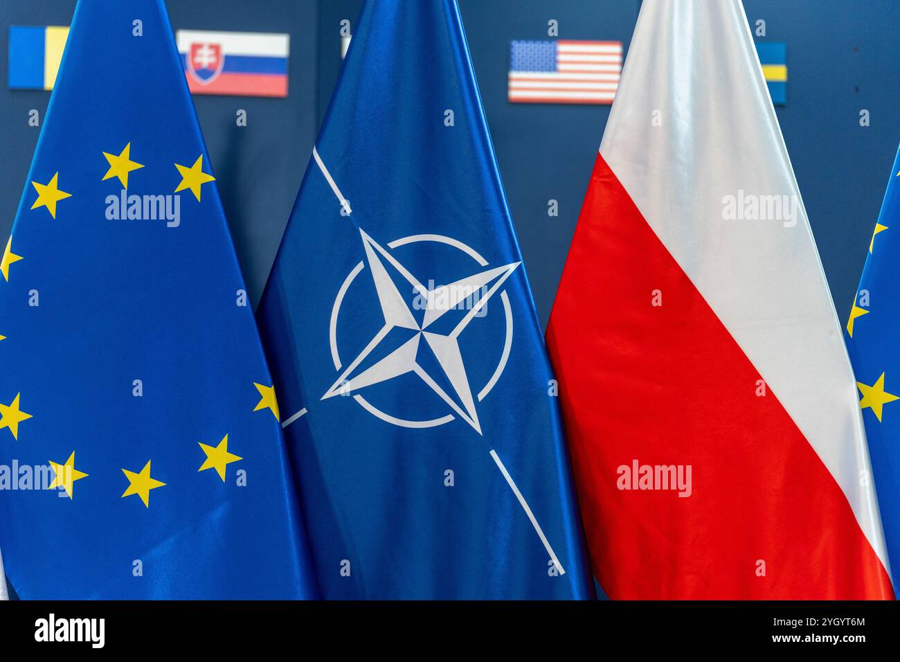 The flags of Poland, the UE, and NATO were displayed during the ...