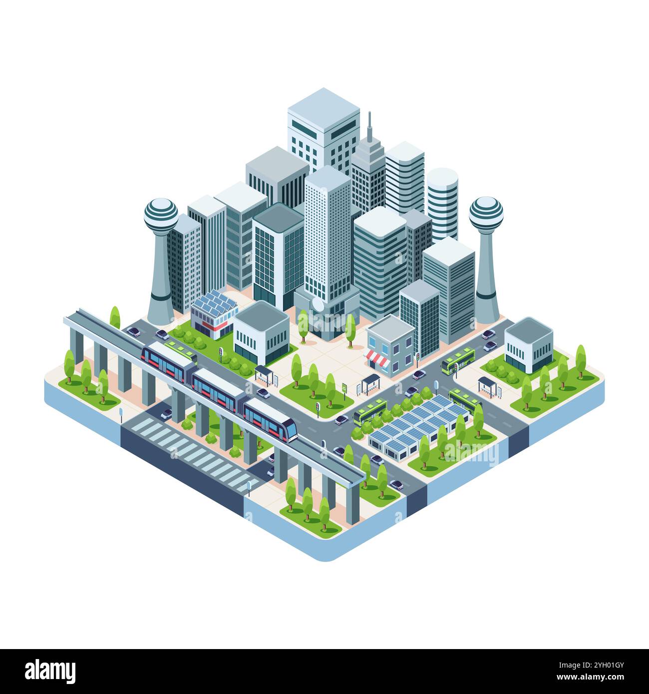 Isometric Metropolis Transportation System with Buses, Train, and ...