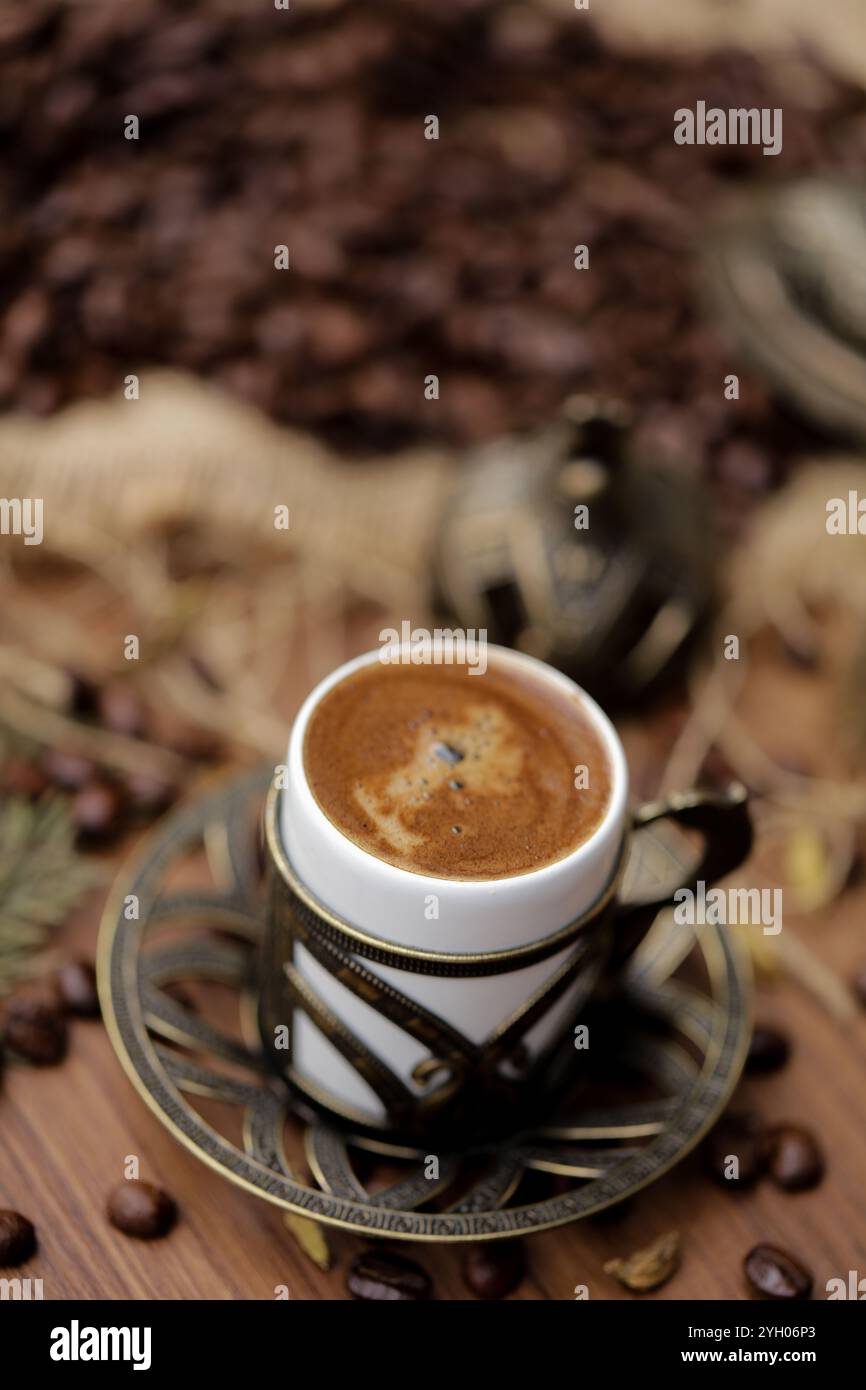 Gaziantep, Turkey. Coffey beans and traditional cups of coffee in a ...