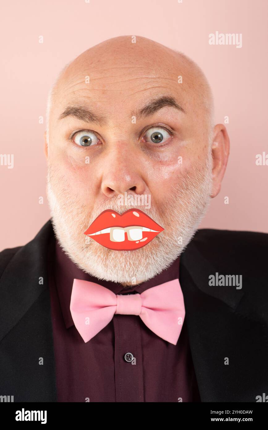 Funny story and humor. Comic idea. Senior man with funny rabbit bunny ...