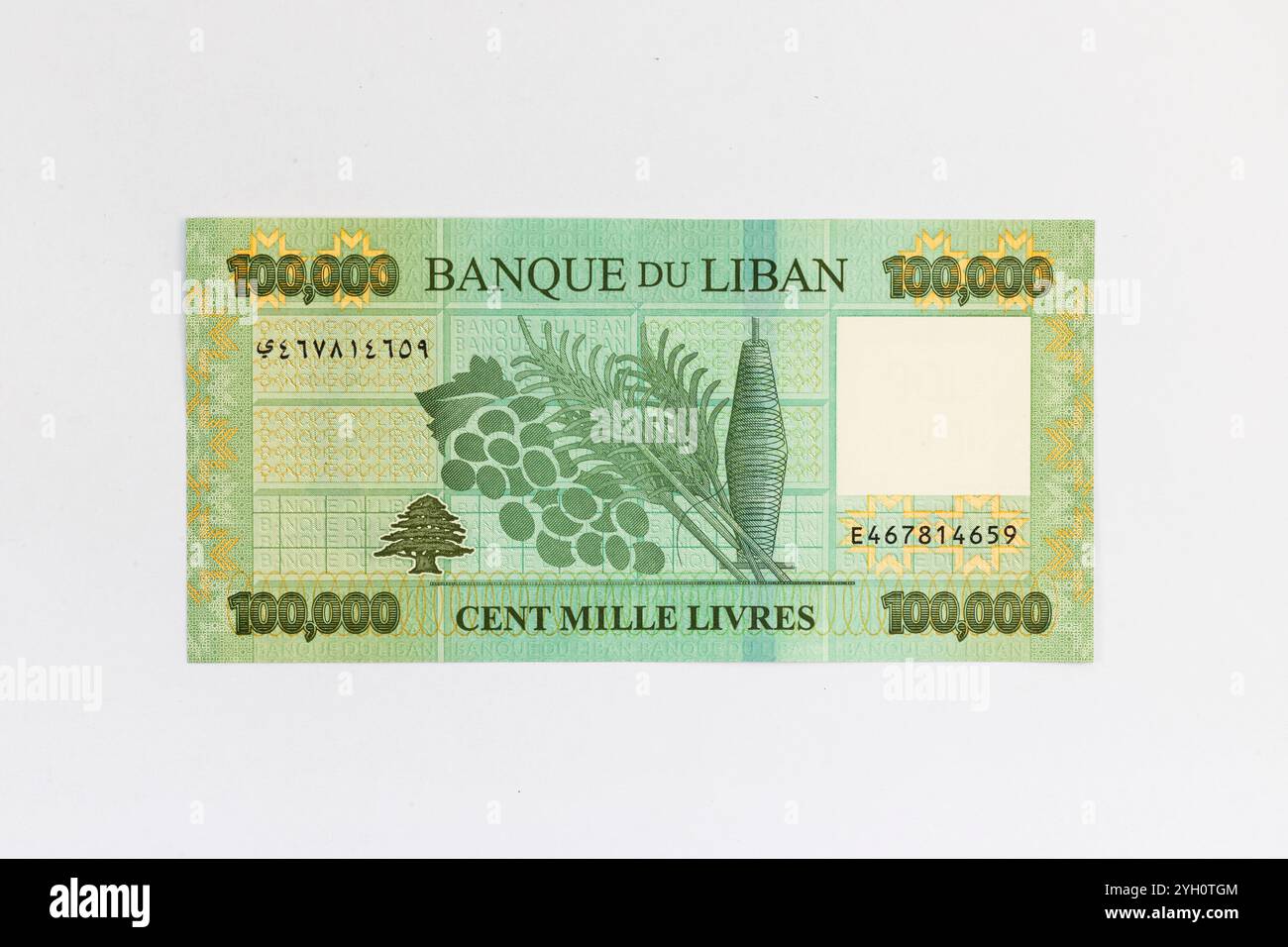 100,000 Lebanese pounds banknote front side with grapes, grain thread ...