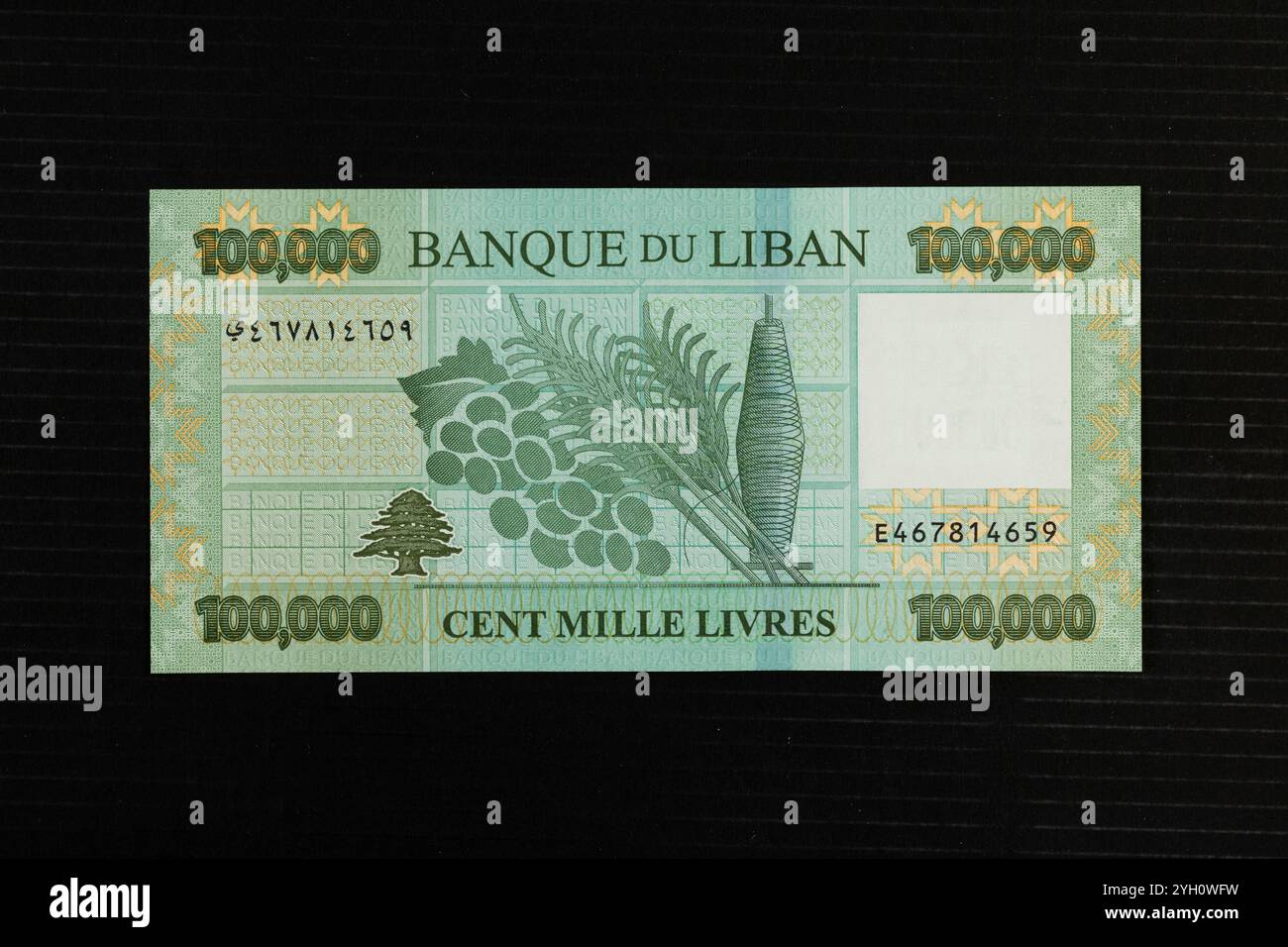 Lebanon 100,000 banknote with grapes, grain & thread at centre ...