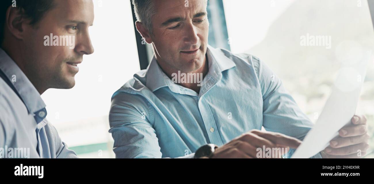 Corporate, men and discussion with legal document at office for ...