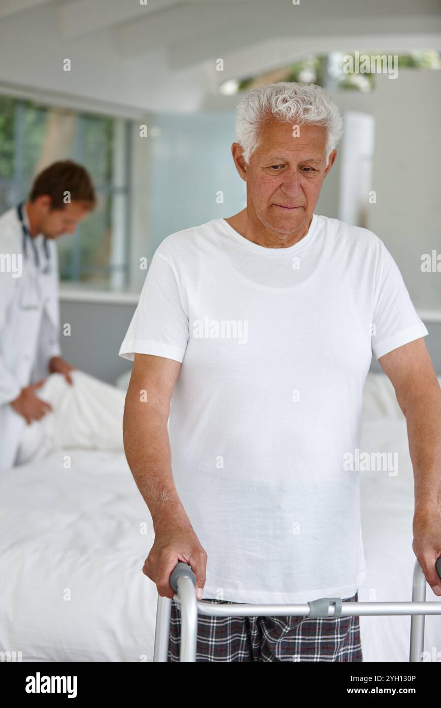 Elderly man, walking frame and bedroom with doctor at nursing home with ...