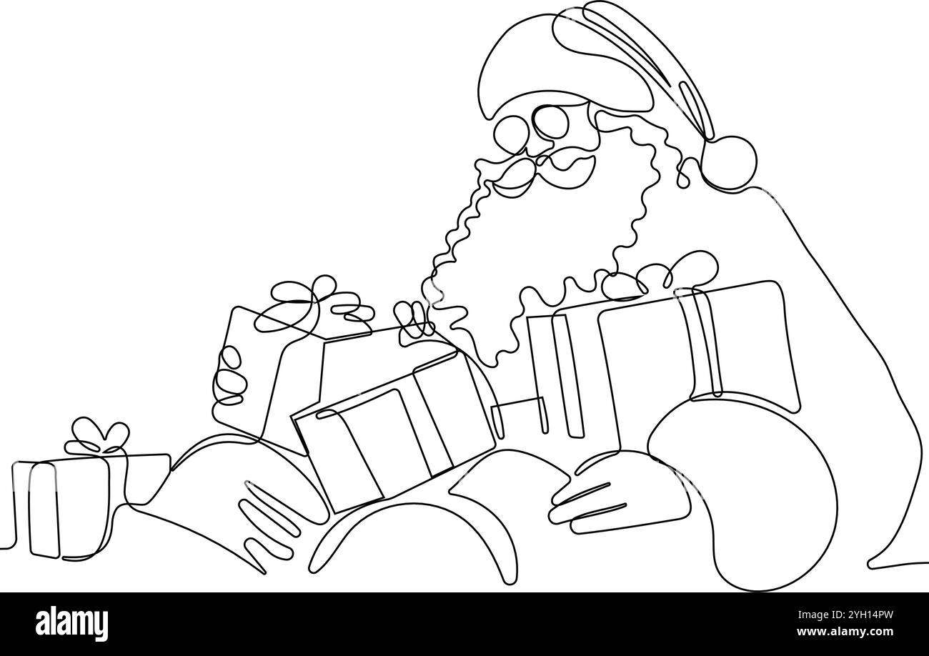 One continuous line drawing Santa Claus on reindeer and sled. concept ...