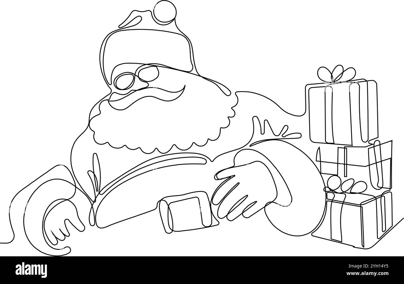 One continuous line drawing Santa Claus on reindeer and sled. concept ...