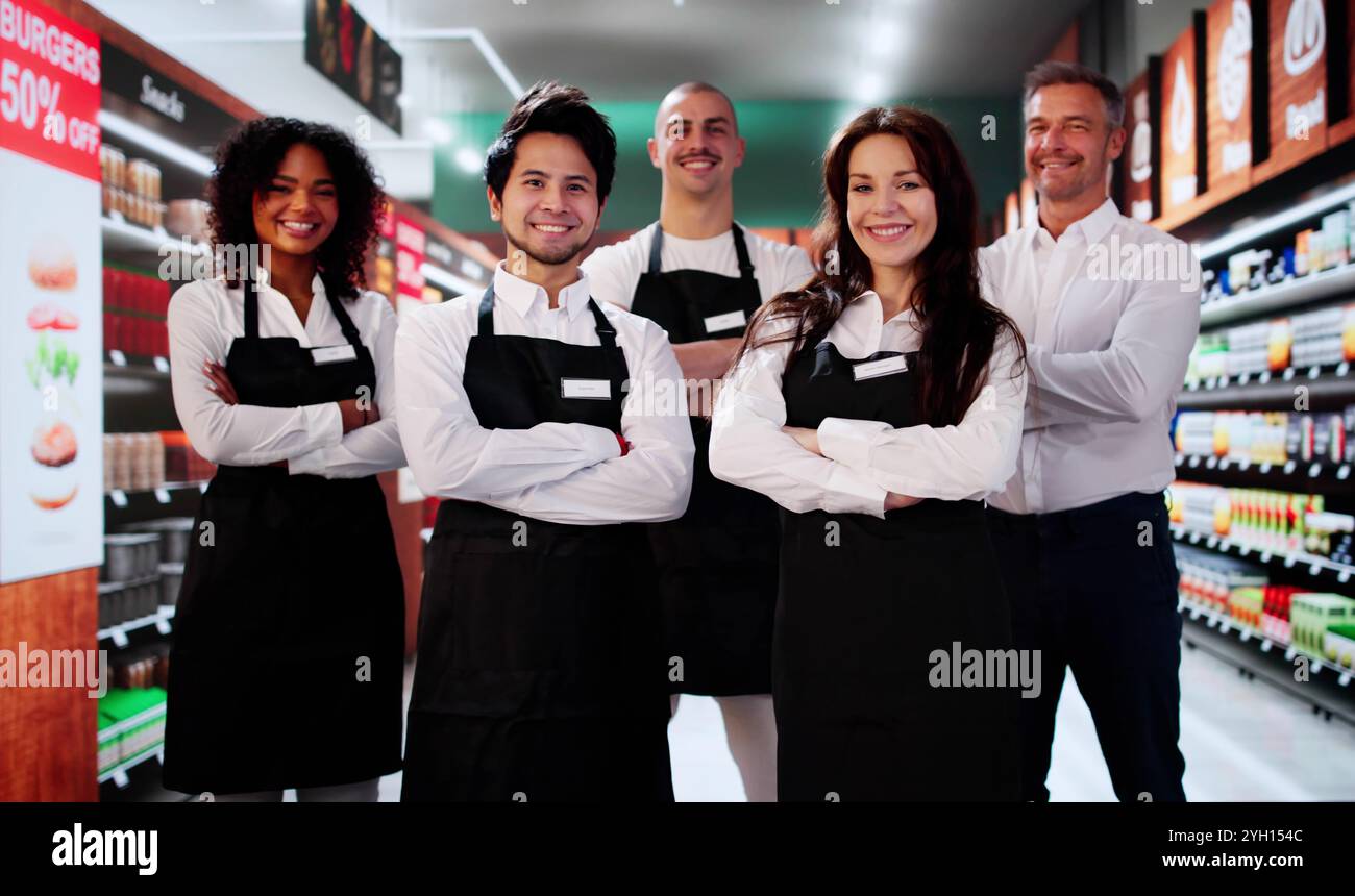 Food Supermarket Team Employees. Staff Group In Store Stock Photo - Alamy