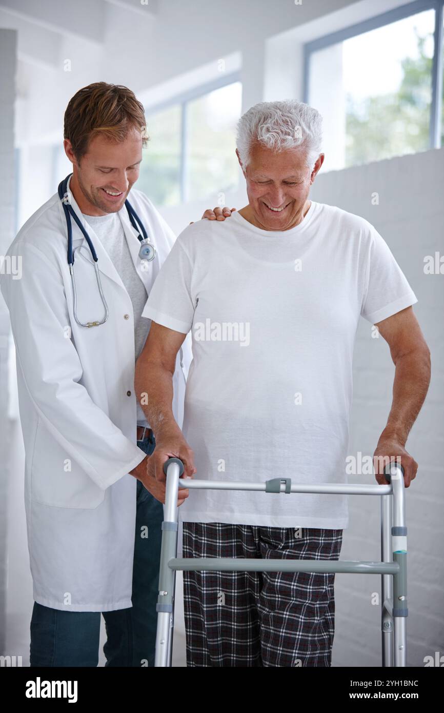 Happy doctor, walker and help elderly man for support, medical health ...