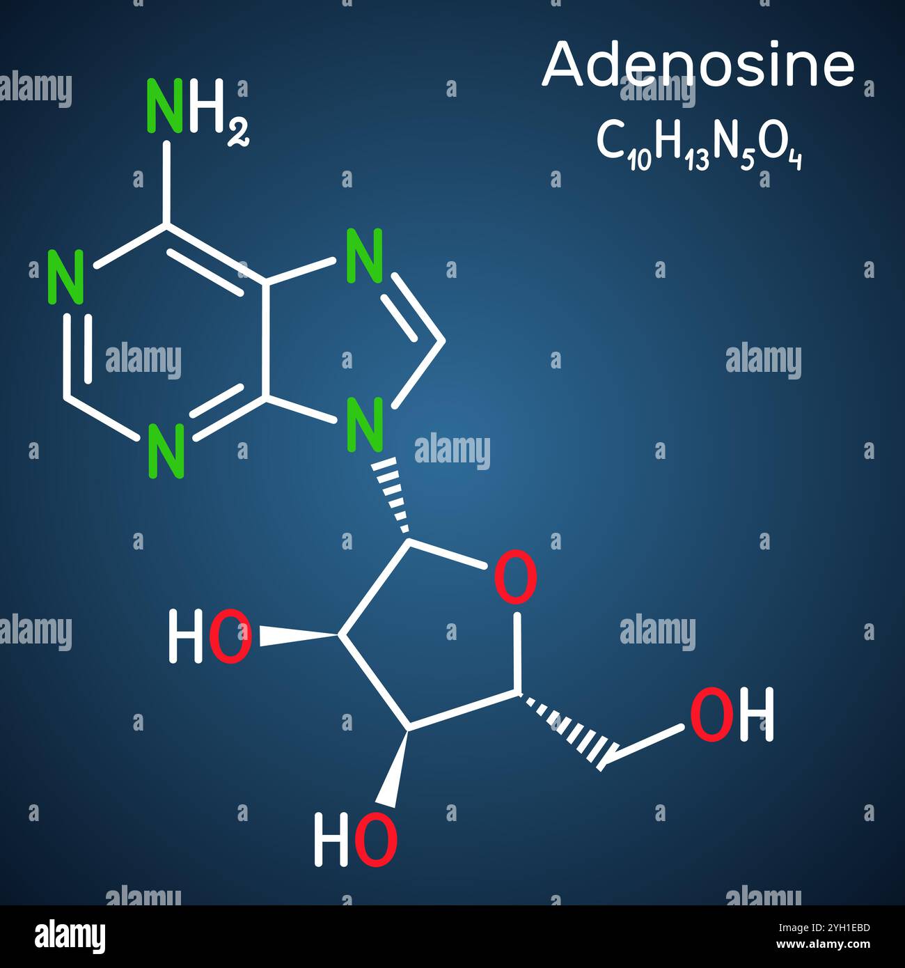 Adenosine ribonucleoside molecule. Chemical structure of nucleoside, dark blue background ...