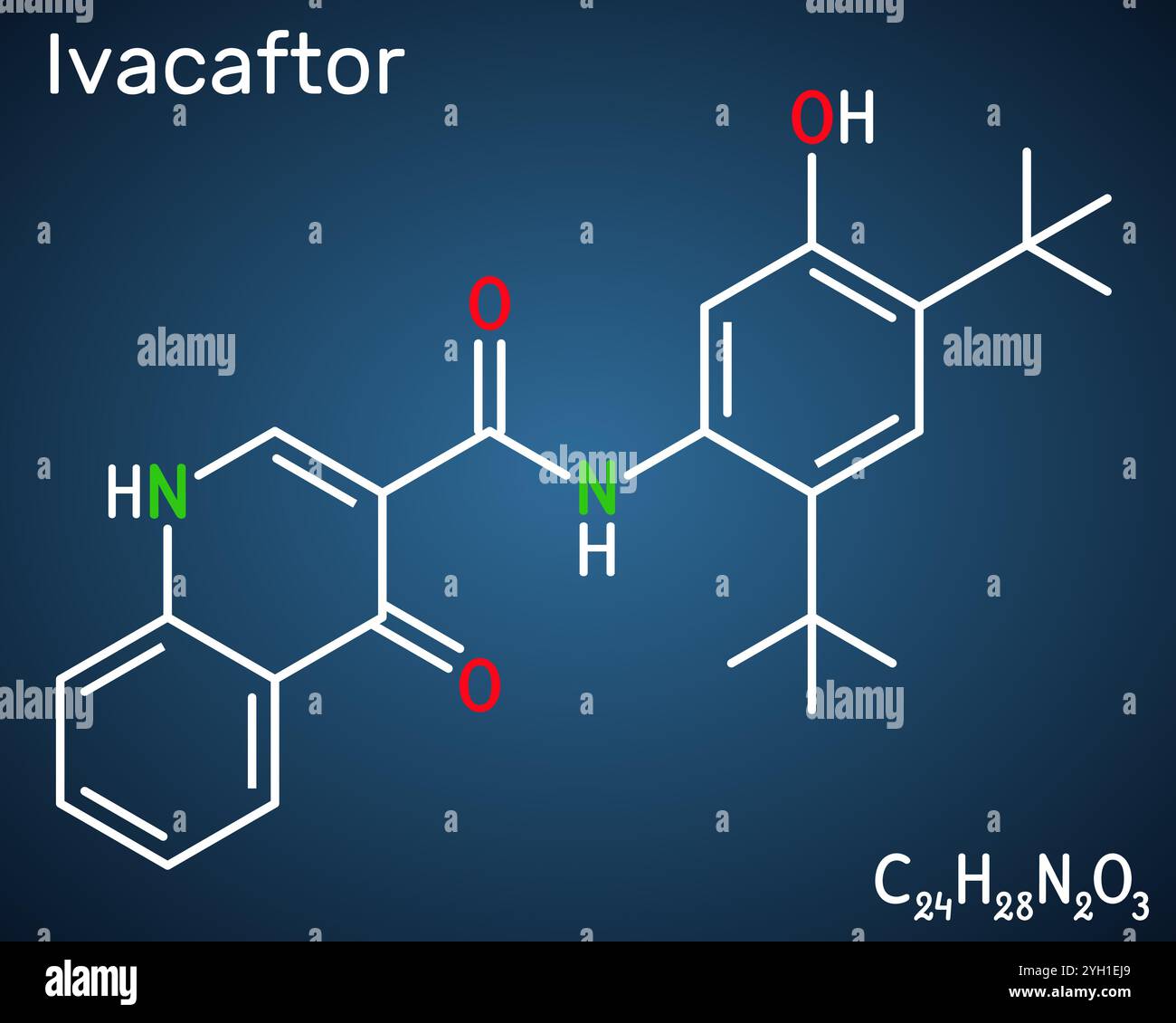 Ivacaftor molecule. Used for treatment of cystic fibrosis. Structural ...