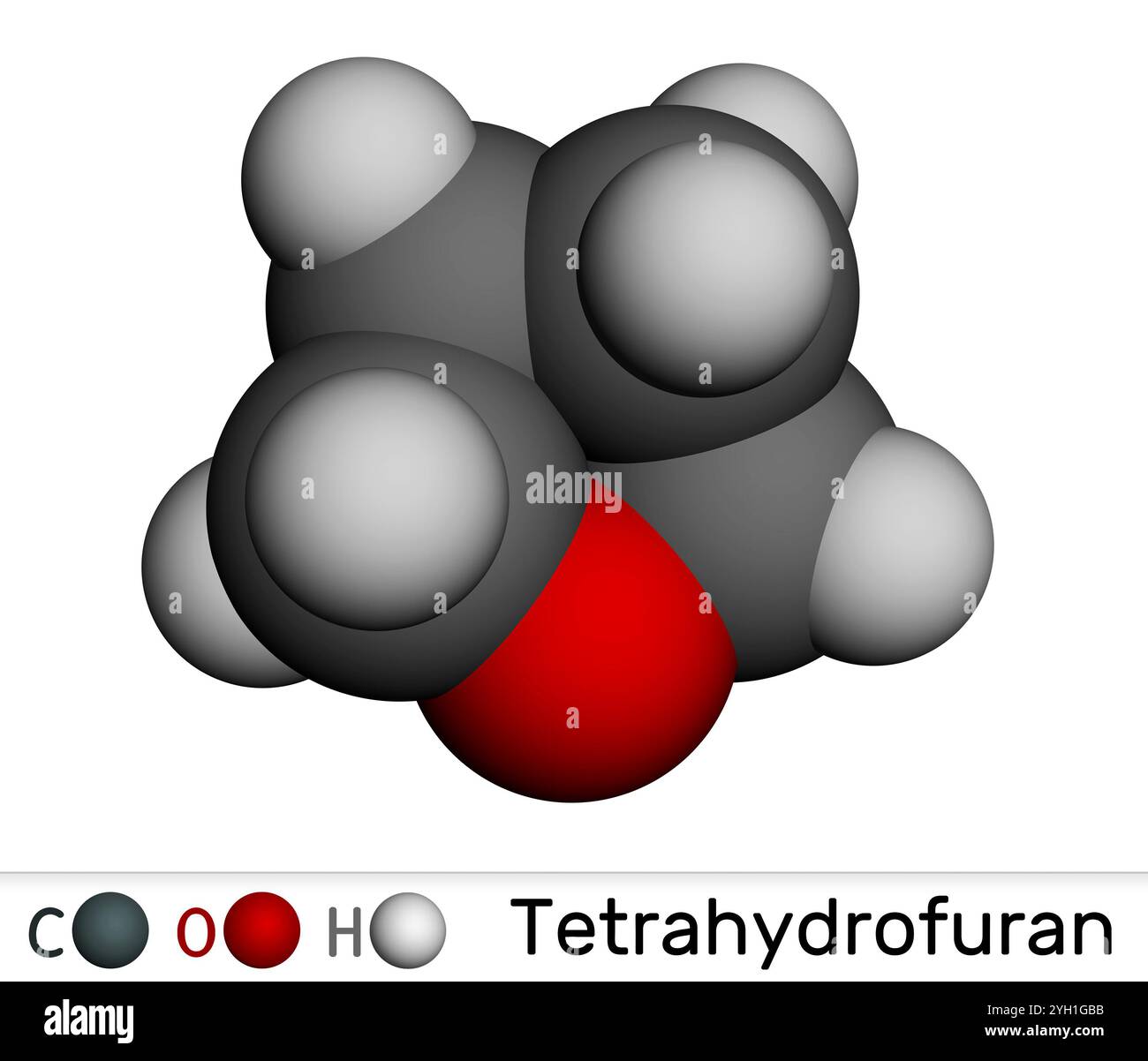 Tetrahydrofuran, THF, oxolane organic solvent molecule. Molecular model. 3D rendering ...