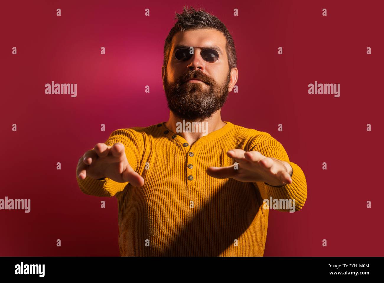 Blind man. Visually impaired. Despite disability. Bearded blind man ...