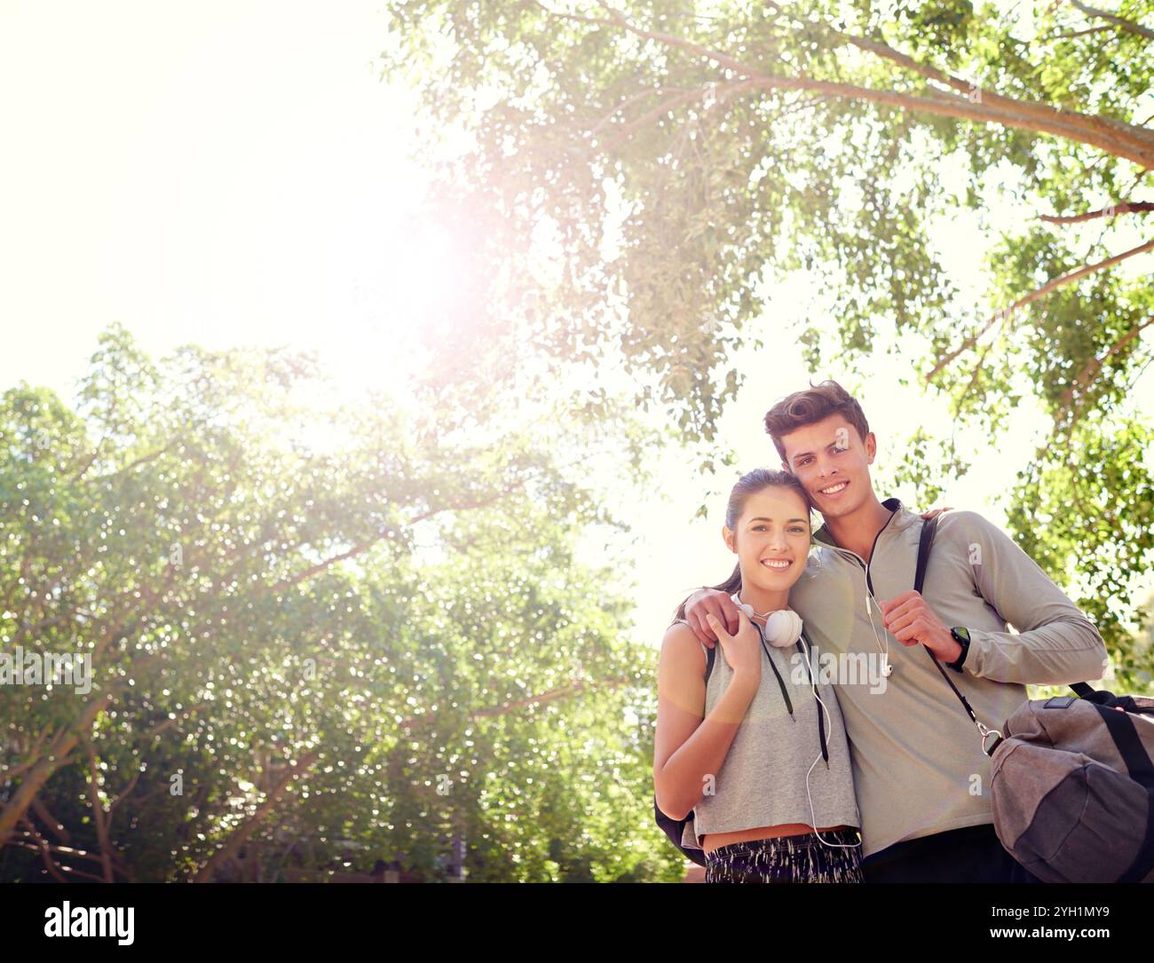 Nature, fitness and portrait of couple by trees for workout with ...