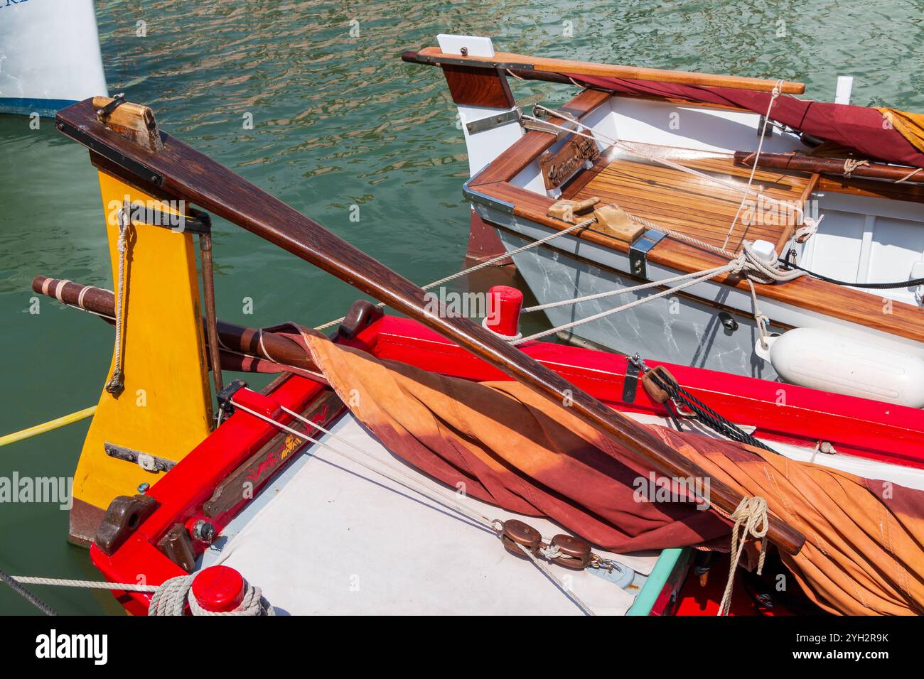 Wooden rudders on historic ships in the canal port of Cesenatico Stock ...