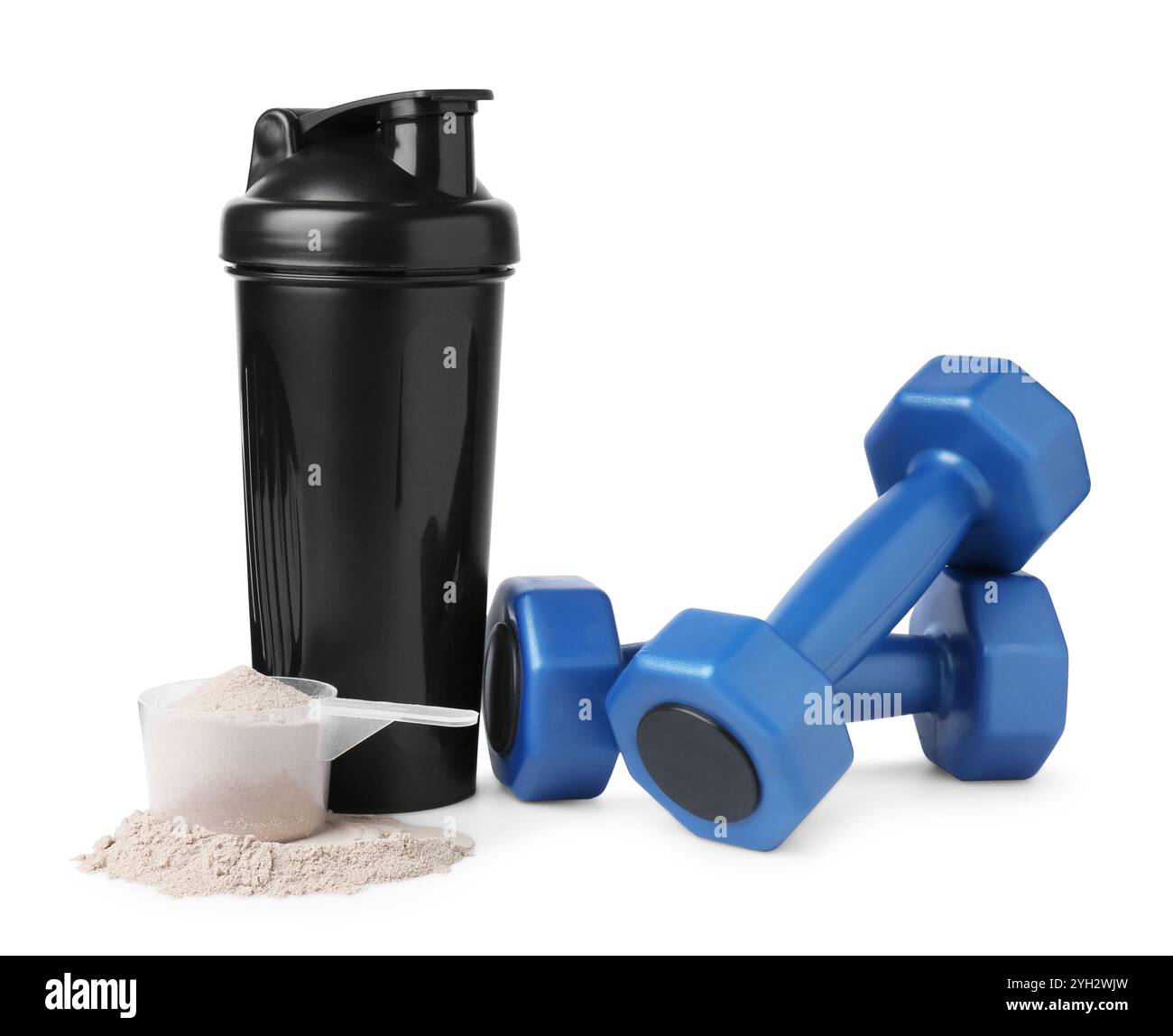 Protein powder, shaker and dumbbells isolated on white Stock Photo - Alamy