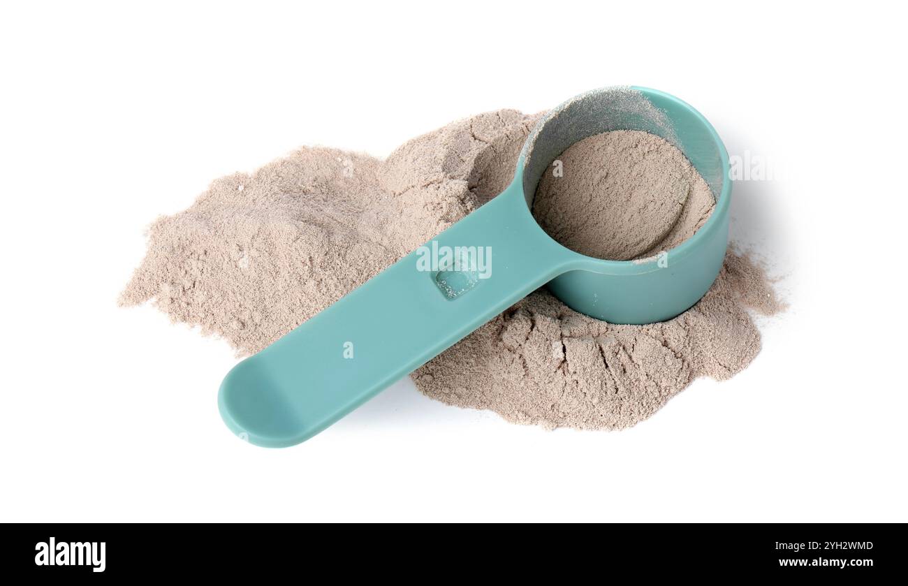 Protein powder and scoop isolated on white Stock Photo - Alamy