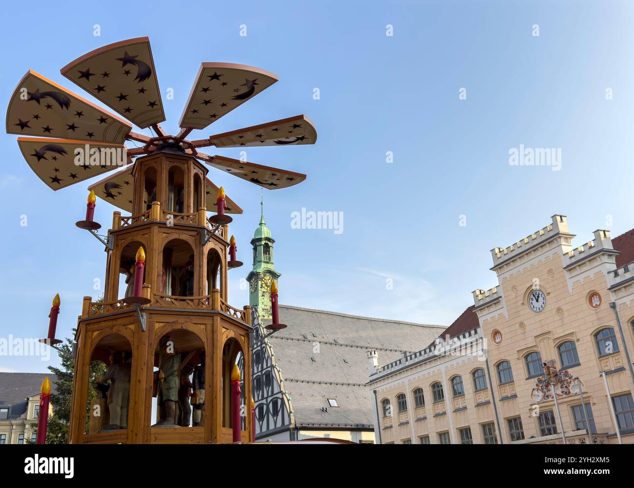 Christmas pyramid with town hall in Zwickau, Saxony East Germany Stock ...