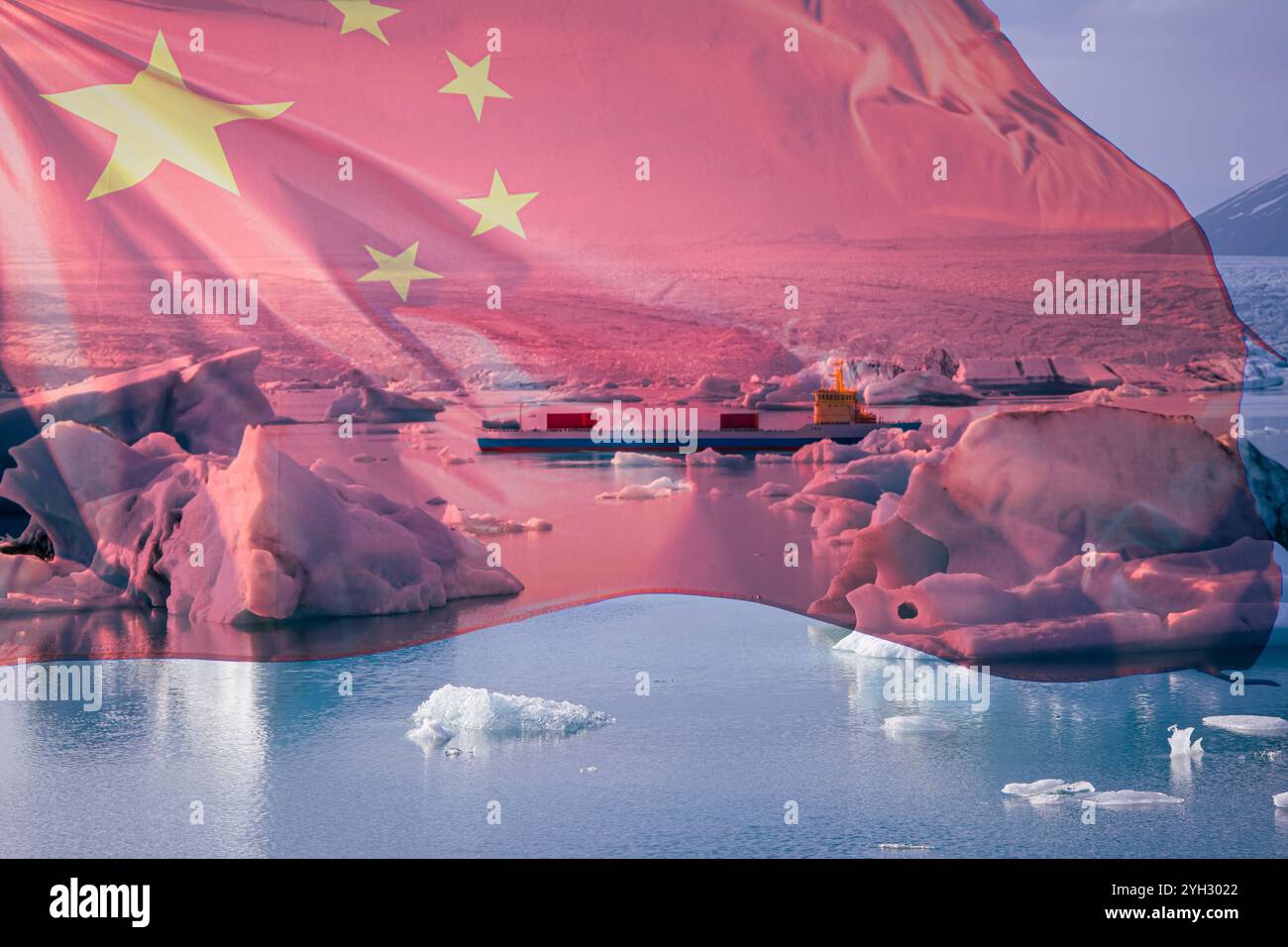 Cargo ship with shipping containers sailing through the icy Arctic ...