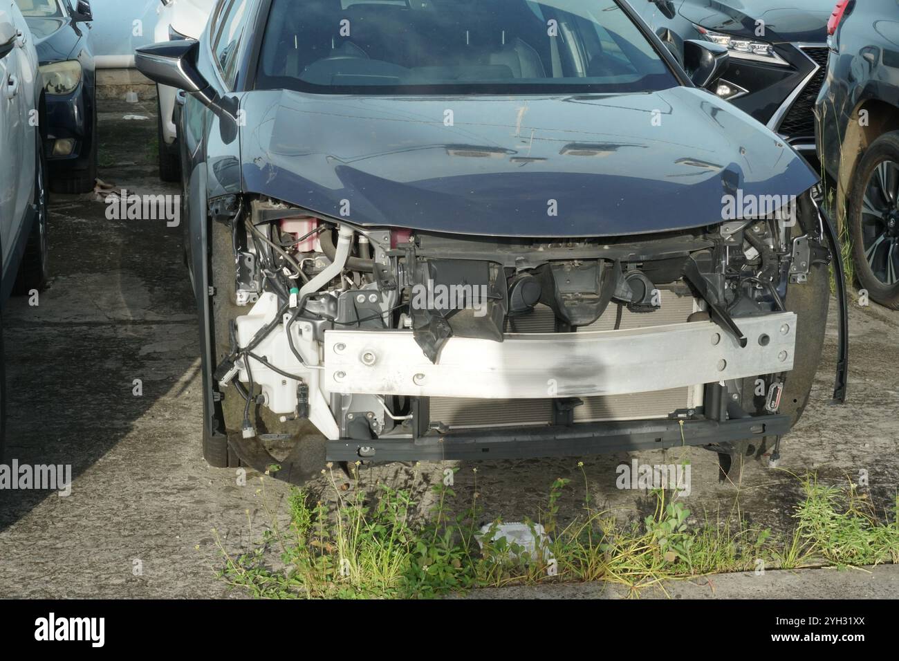The car's front grill and bonnet are damaged. The fender, bumper ...
