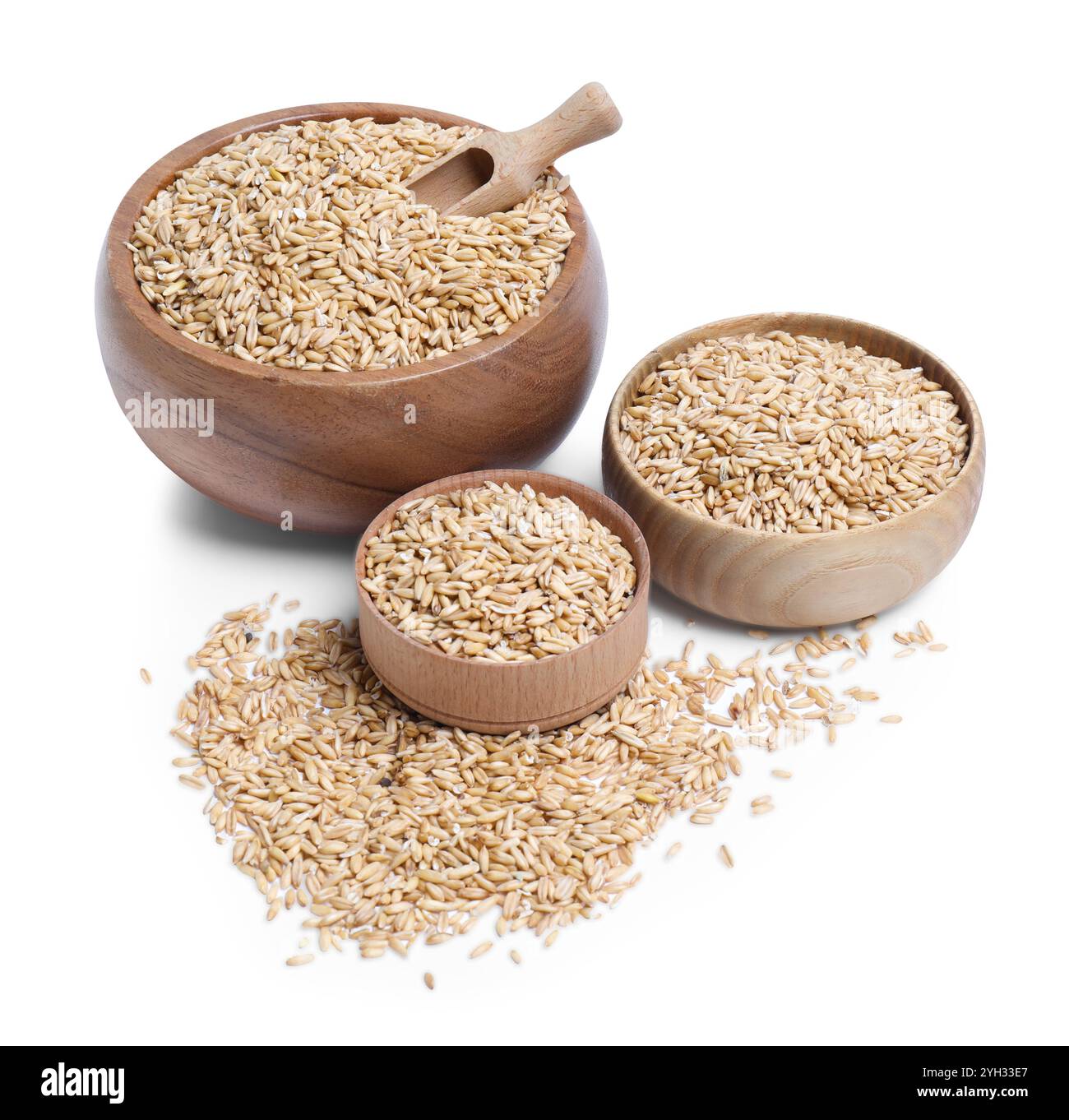 Oat grains in bowls and scoop isolated on white Stock Photo - Alamy